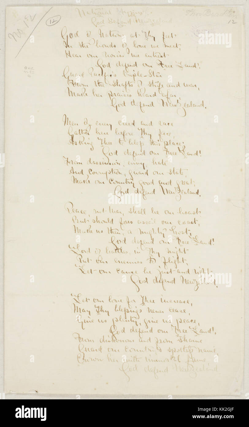 The original manuscript of words for God Defend New Zealand by Thomas ...