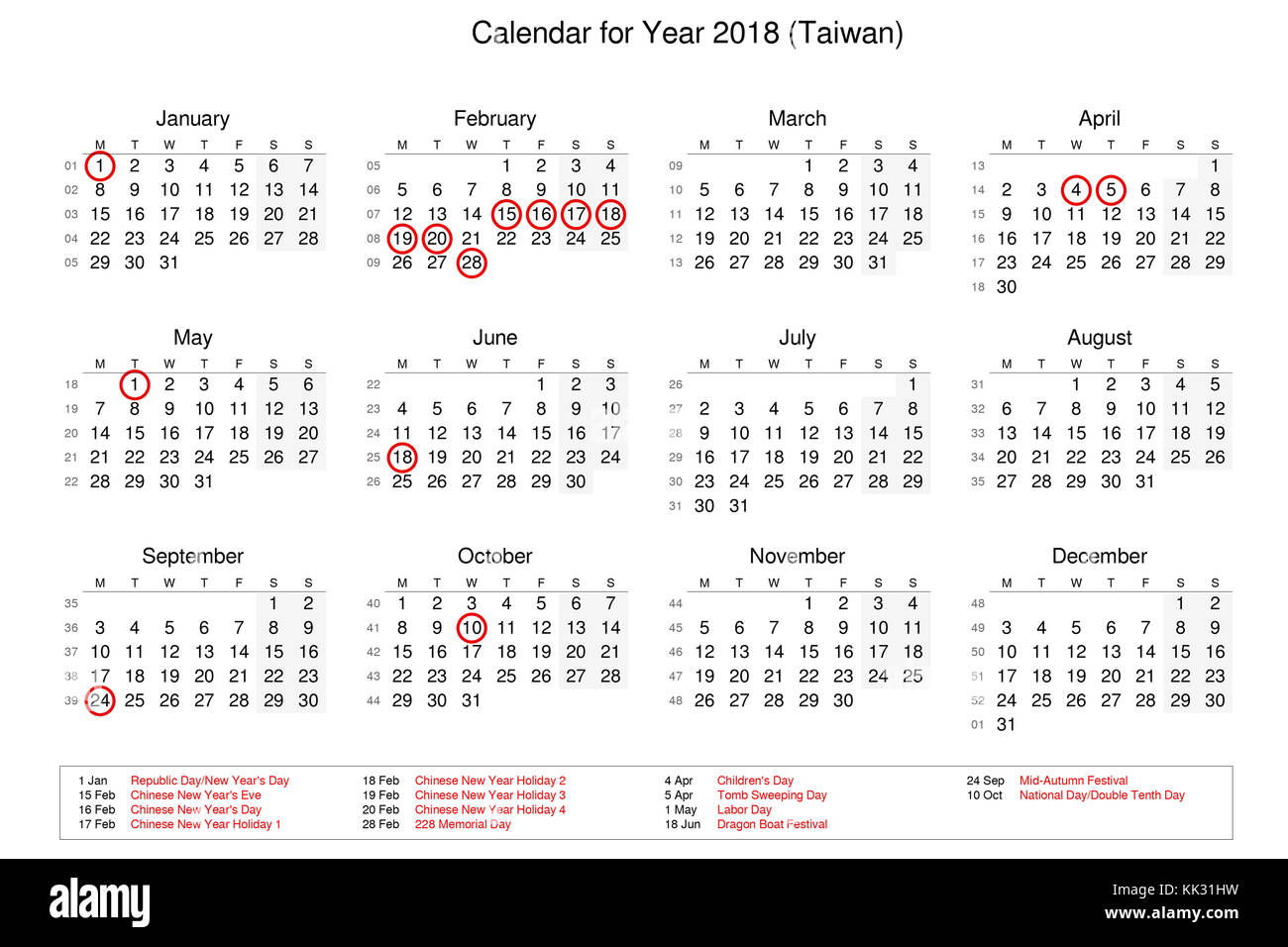 Calendar of year 2018 with public holidays and bank holidays for Taiwan ...
