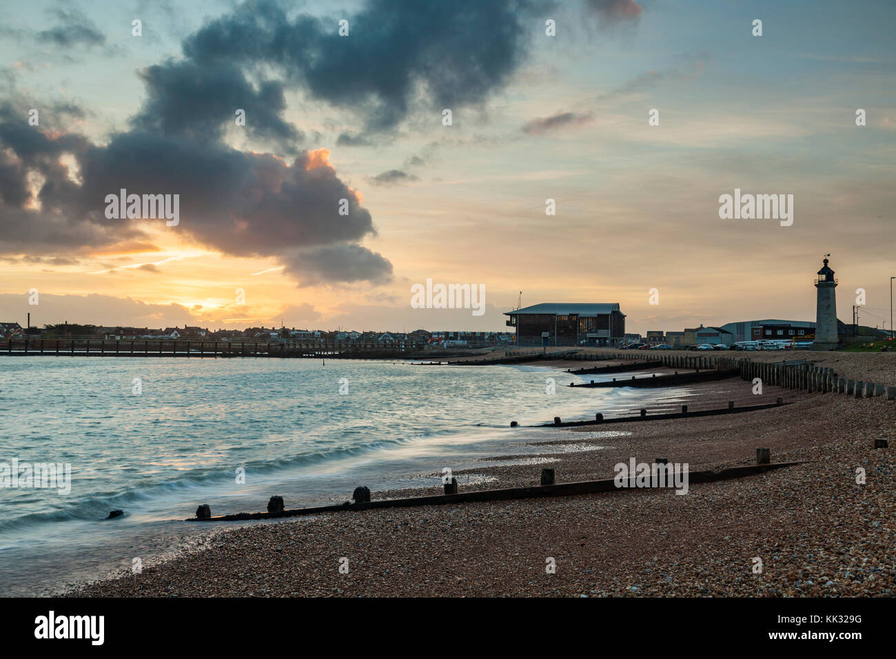 Sunset on the beach in Shoreham-by-Sea, West Sussex, England Stock ...