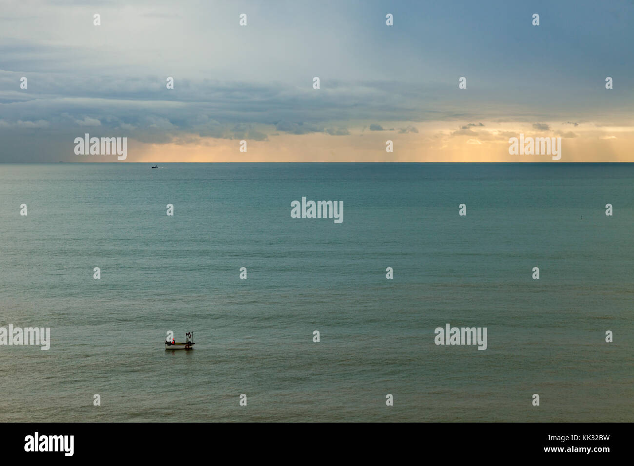 Small fishing boat on English Channel off the coast of East Sussex ...