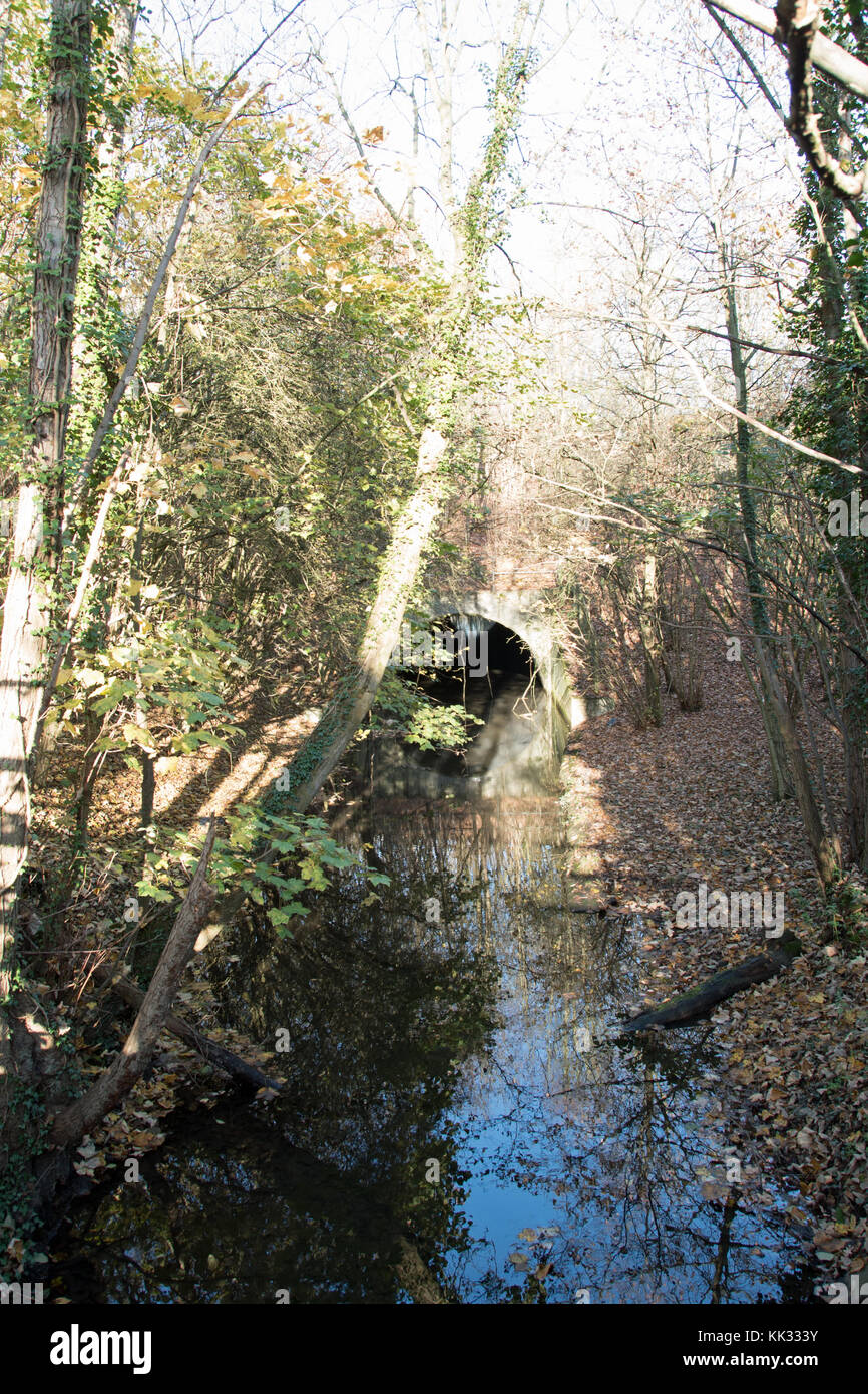 River Alder Bourne tunnel alongside the London M25 Orbital Motorway ...