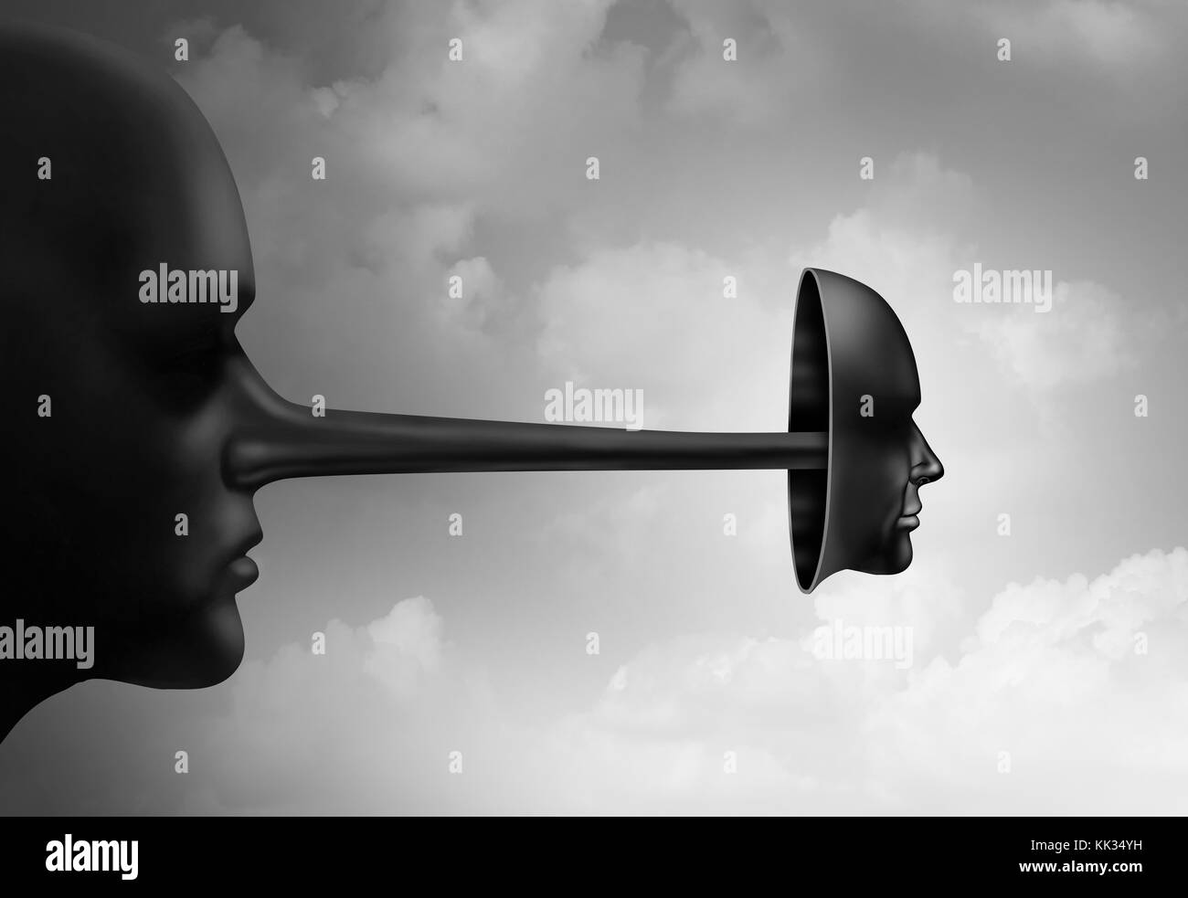 Con artist concept as a scammer and swindler with a long nose covered ...