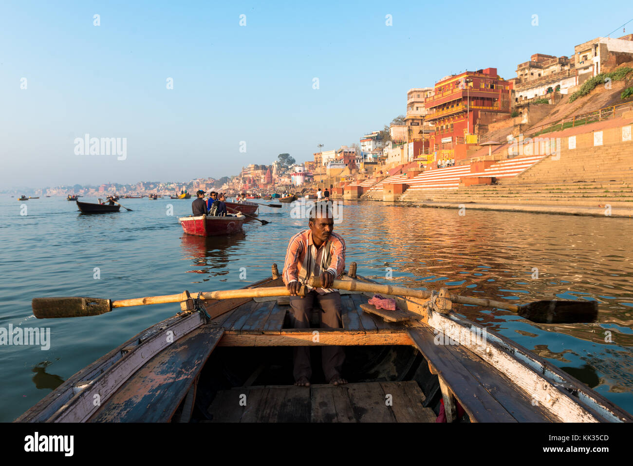 VARANASI, INDIA - MARCH 15, 2016: Front picture of indian oarsman on ...