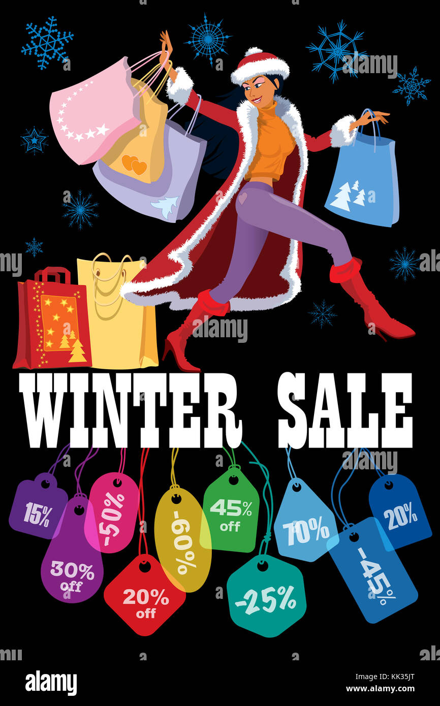 Winter seasonal sale. Creative poster. Woman with shopping bags and ...
