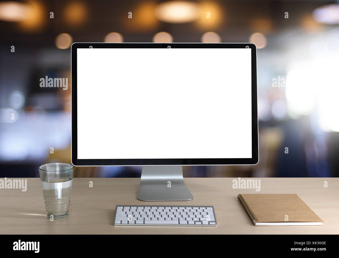 Laptop with blank screen on table. Workspace background new project on ...