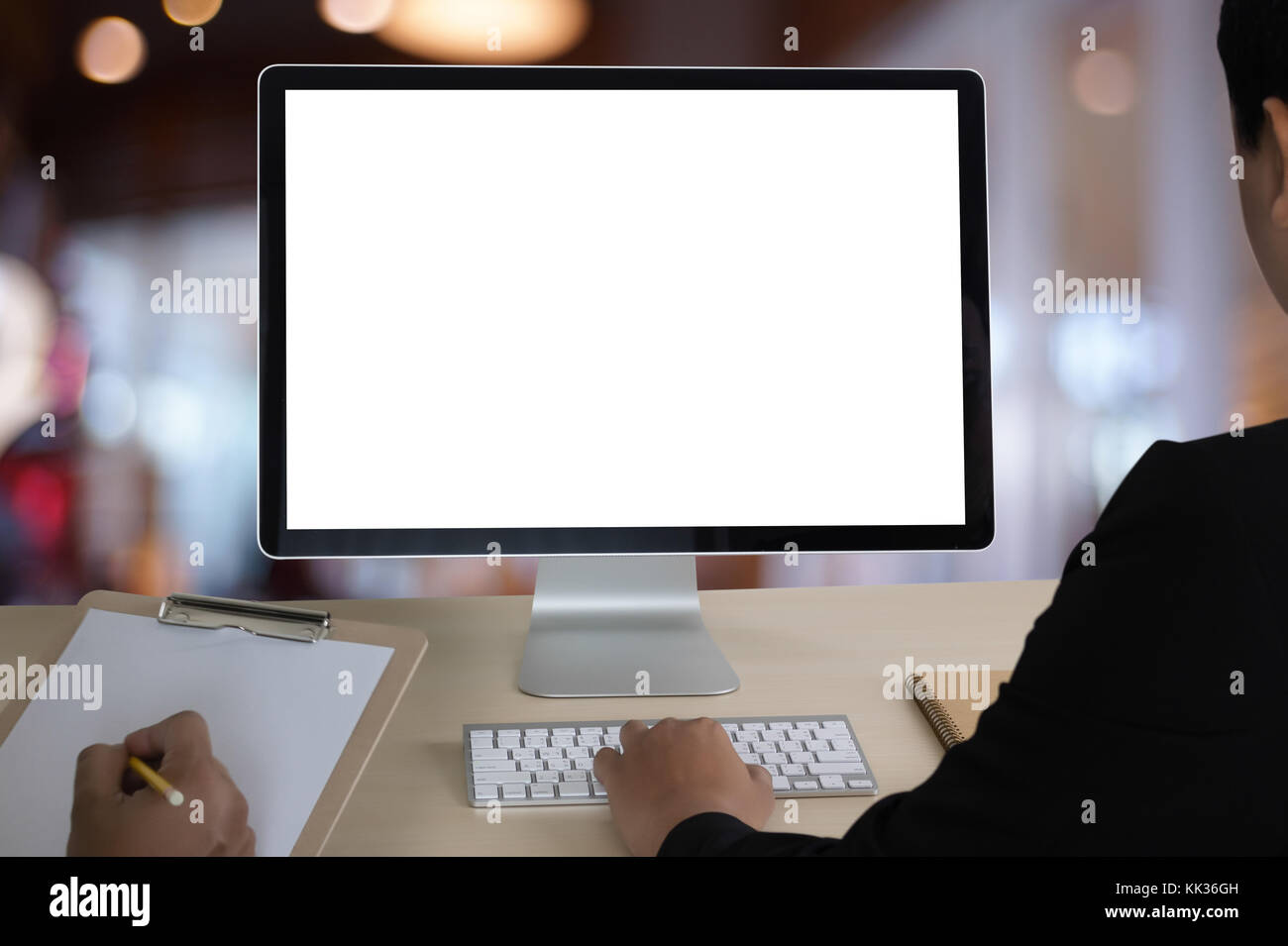 Laptop with blank screen on table. Workspace background new project on ...