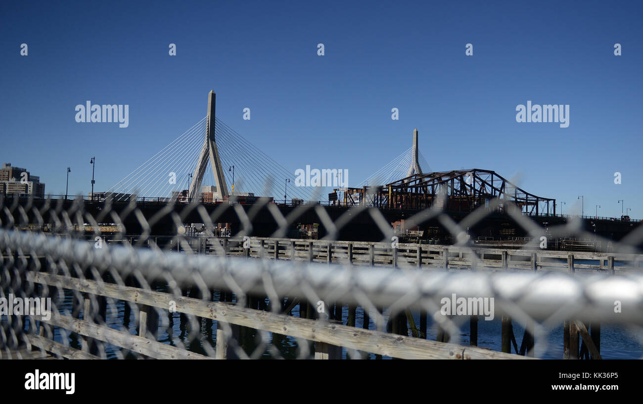 Metal bridge towers in down Town Boston Stock Photo - Alamy