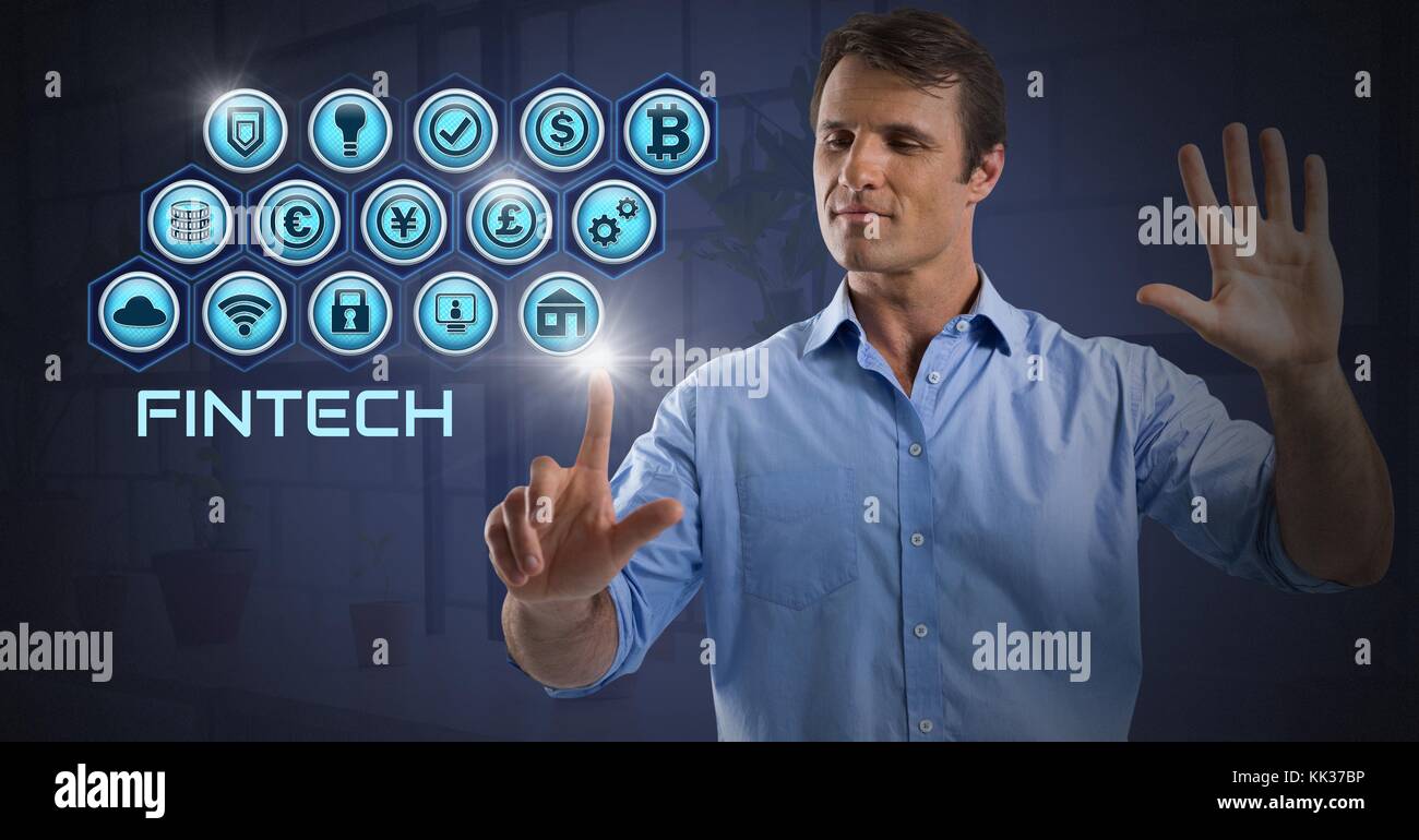 Digital composite of Businessman touching Fintech with various business icons Stock Photo - Alamy