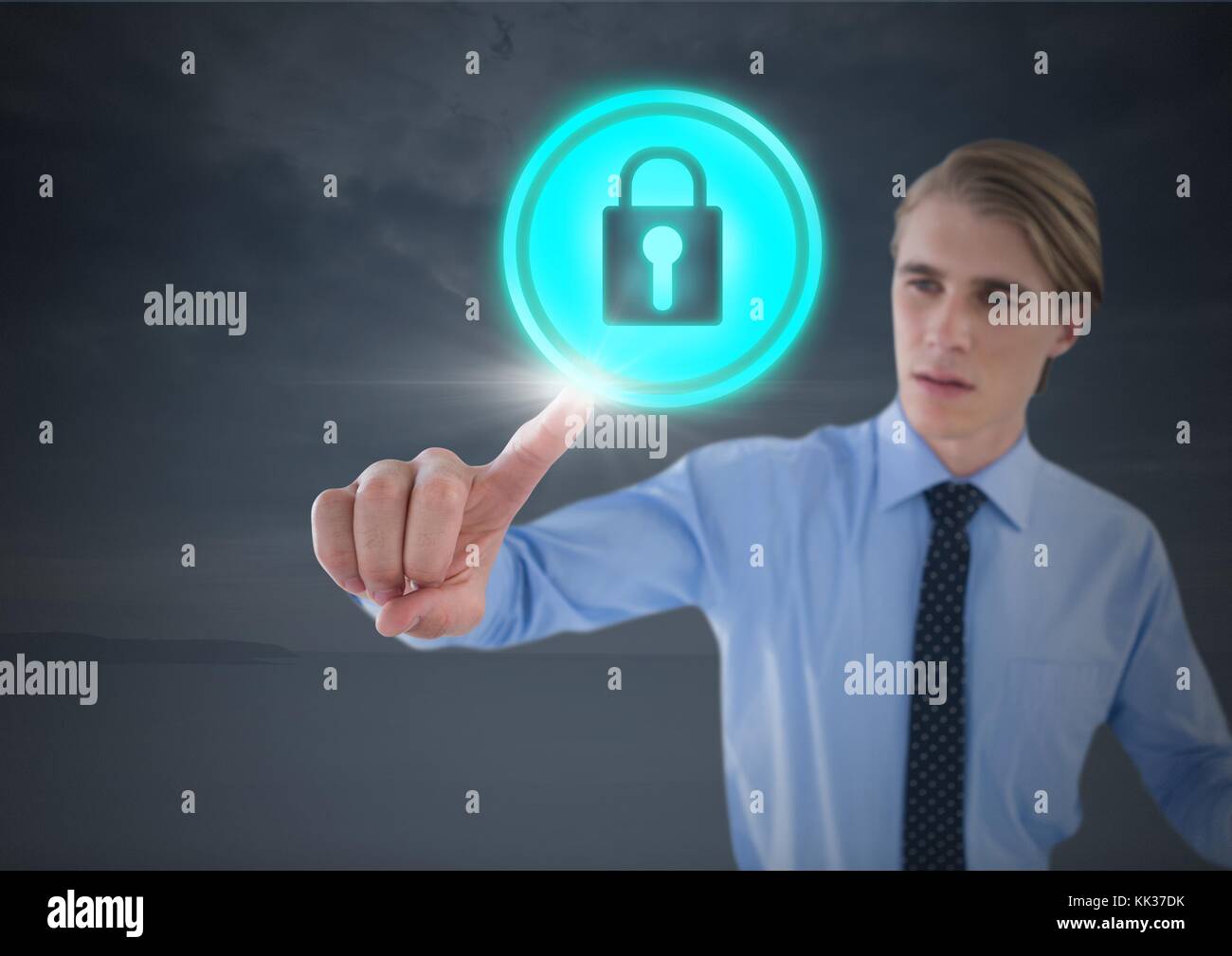 Digital composite of Businessman touching security lock icon Stock ...