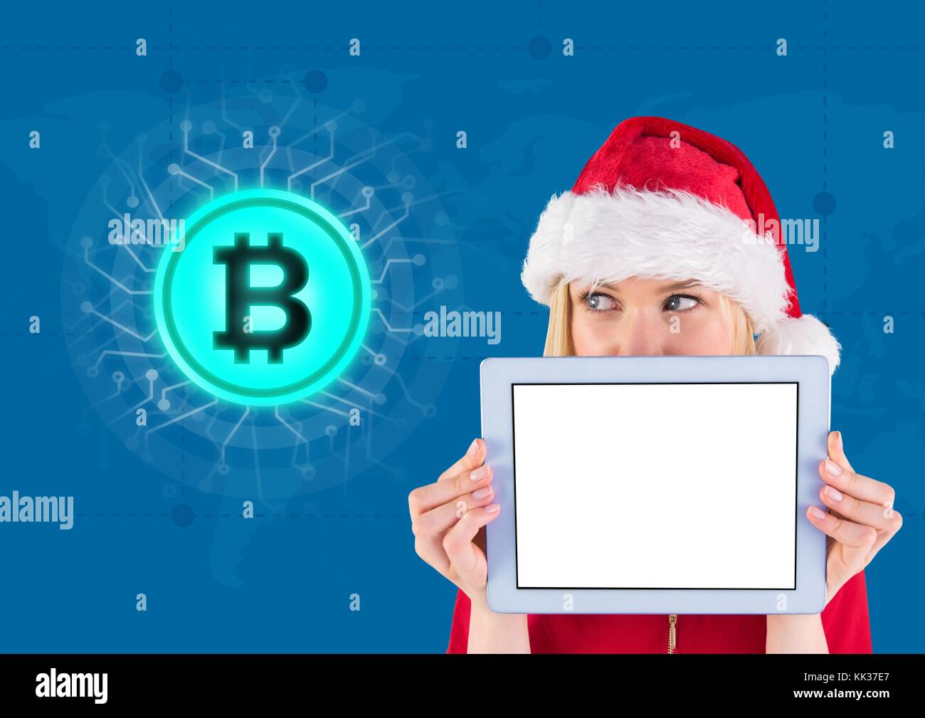 Digital composite of Bitcoin icon and female Santa holding tablet Stock ...