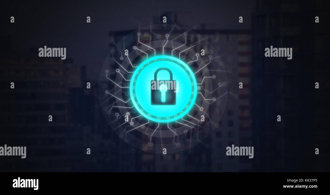 Digital composite of Security lock icon in city Stock Photo - Alamy
