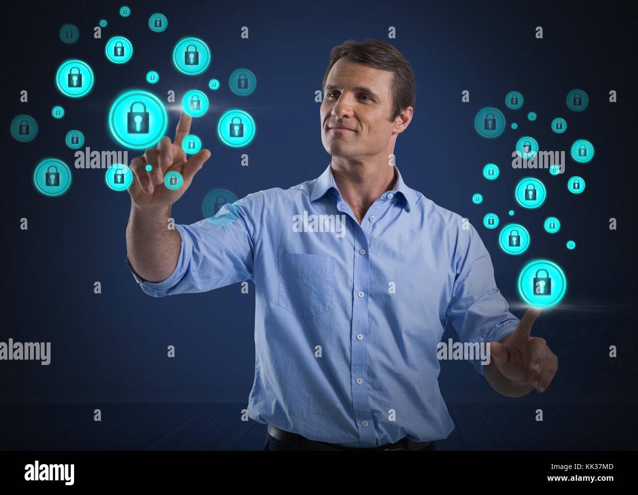 Digital composite of Businessman touching security lock icons Stock ...