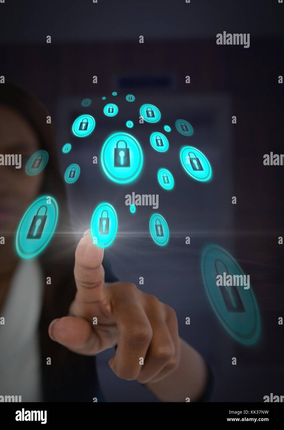Digital composite of Businesswoman touching security lock icons Stock ...