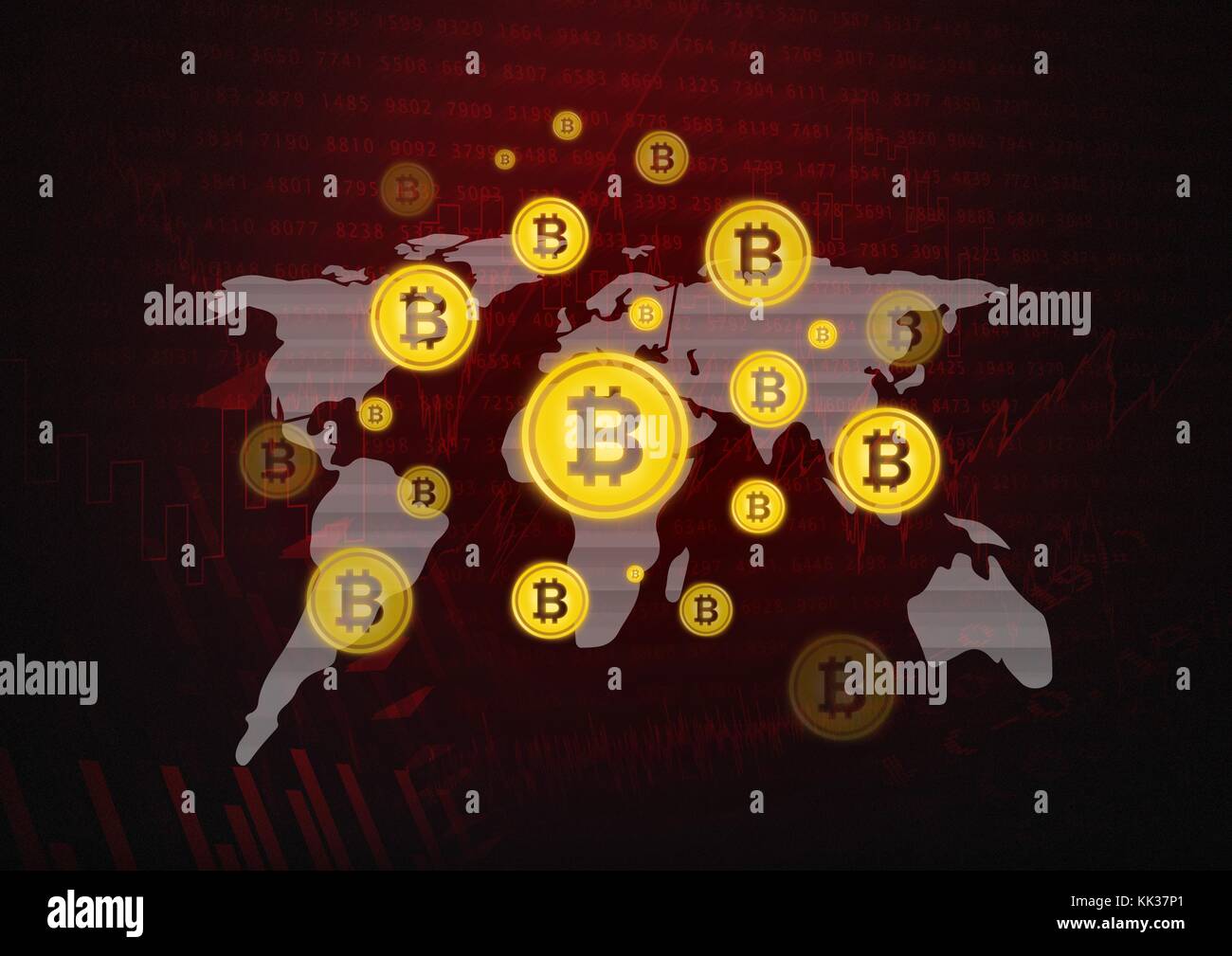 Digital composite of Bitcoin icons on world map with red background ...