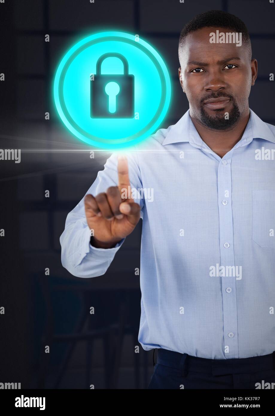 Digital composite of Businessman pointing touching security lock icon ...