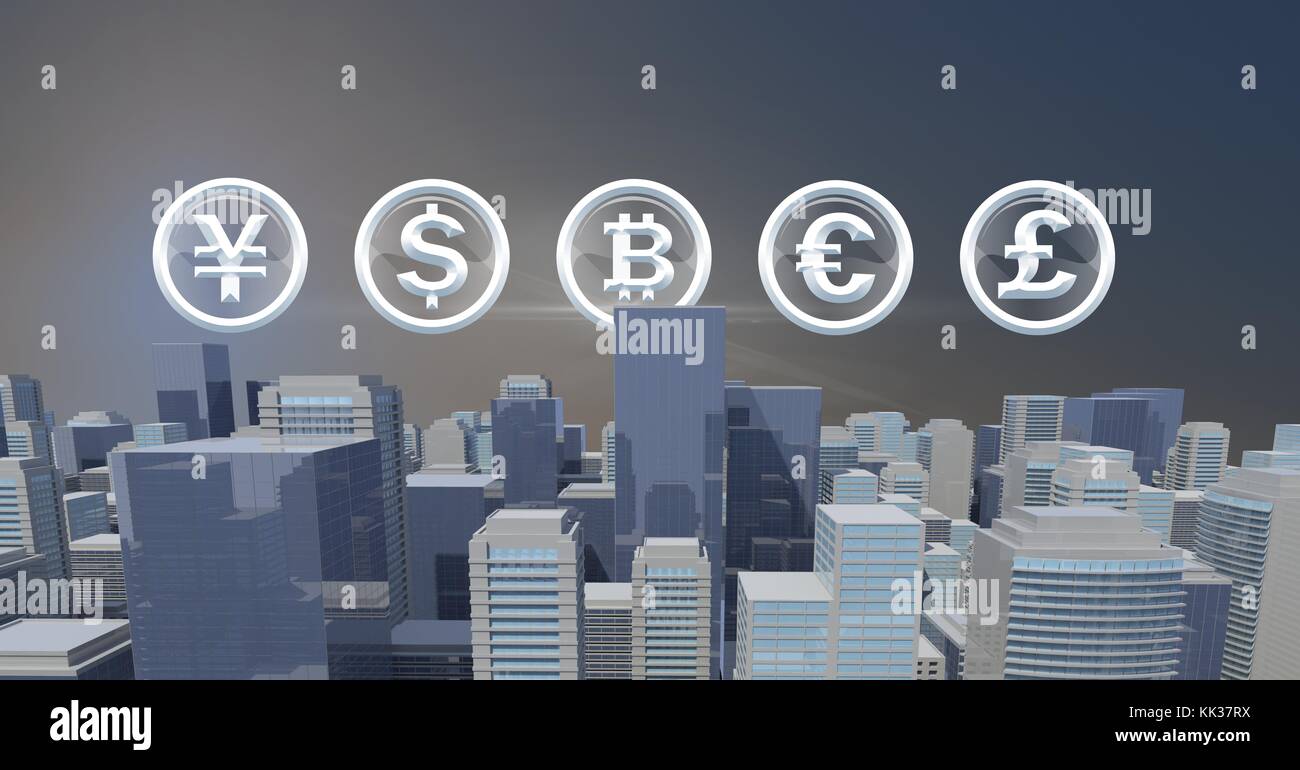 Digital composite of International Currency icons over 3D city ...