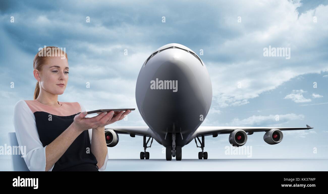 Digital composite of woman holding tablet in front of airplane Stock ...