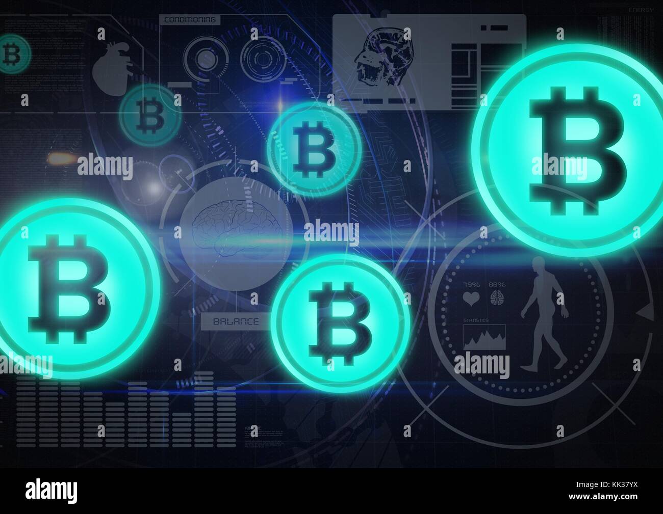 Digital composite of bitcoin graphic icons with technological ...