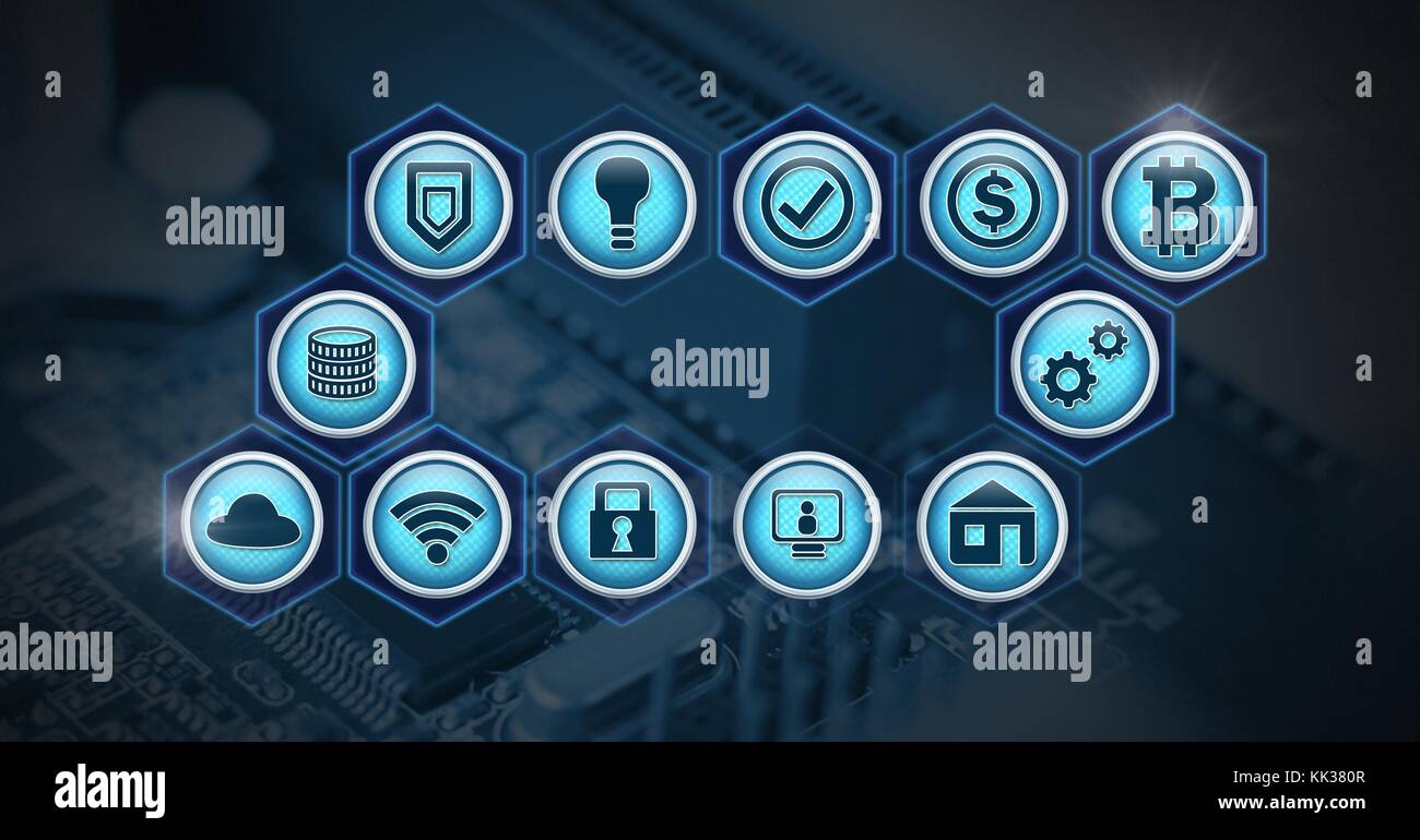 Digital composite of various business icons with technology Stock Photo ...