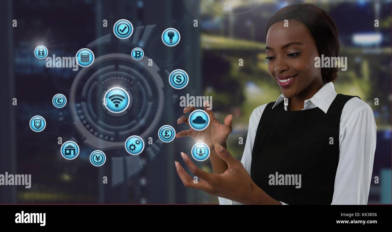 Digital composite of Businesswoman with hands palm open and various ...