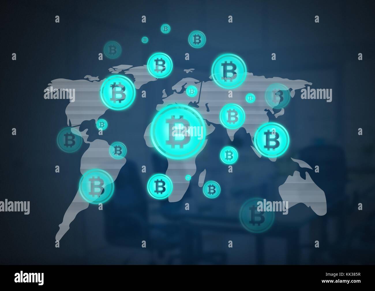 Digital composite of bitcoin graphic icons on world map Stock Photo - Alamy