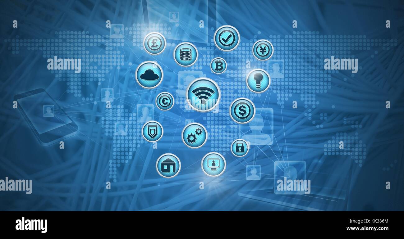 Digital composite of various business icons with technology Stock Photo ...