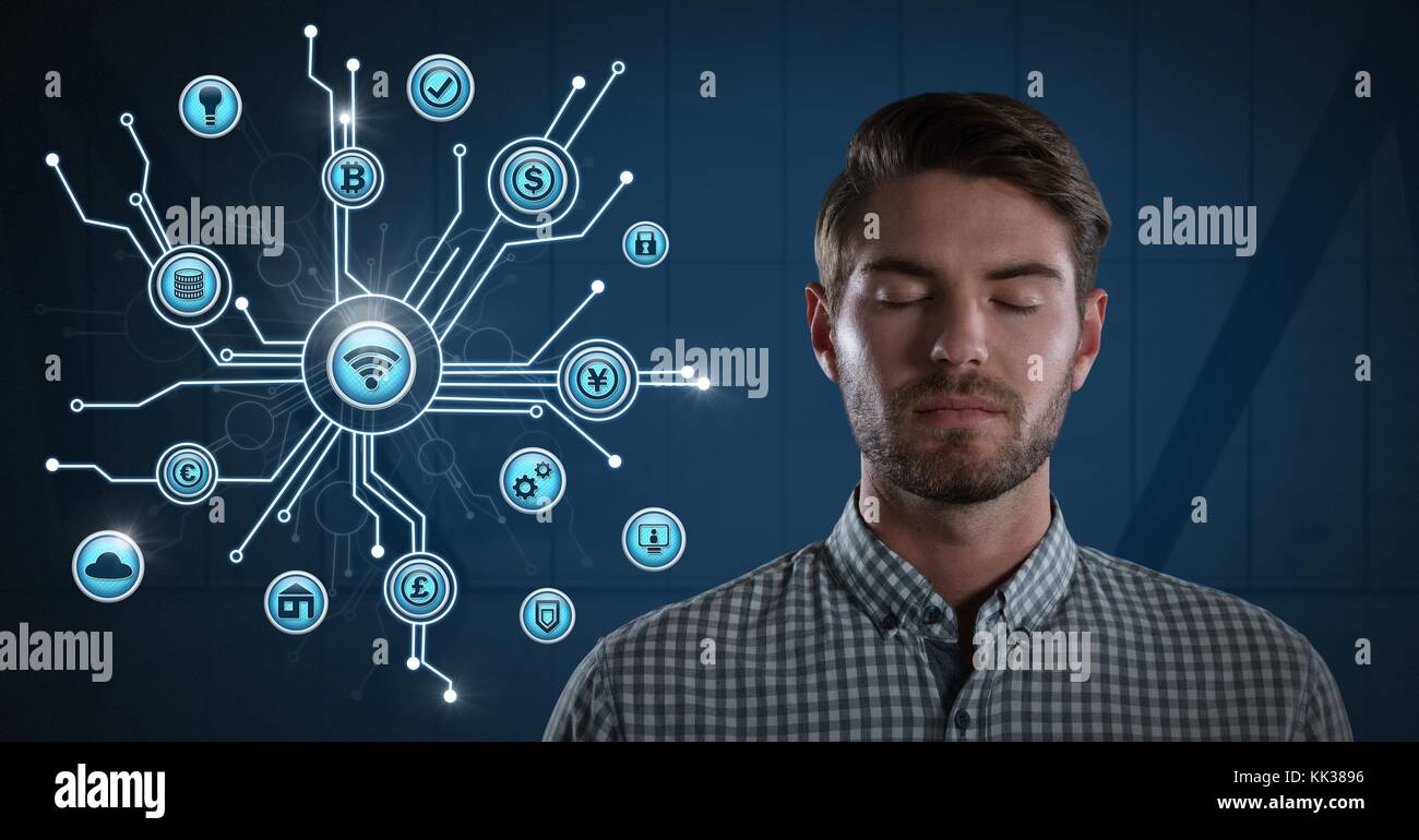 Digital composite of Businessman with eyes closed and various business ...