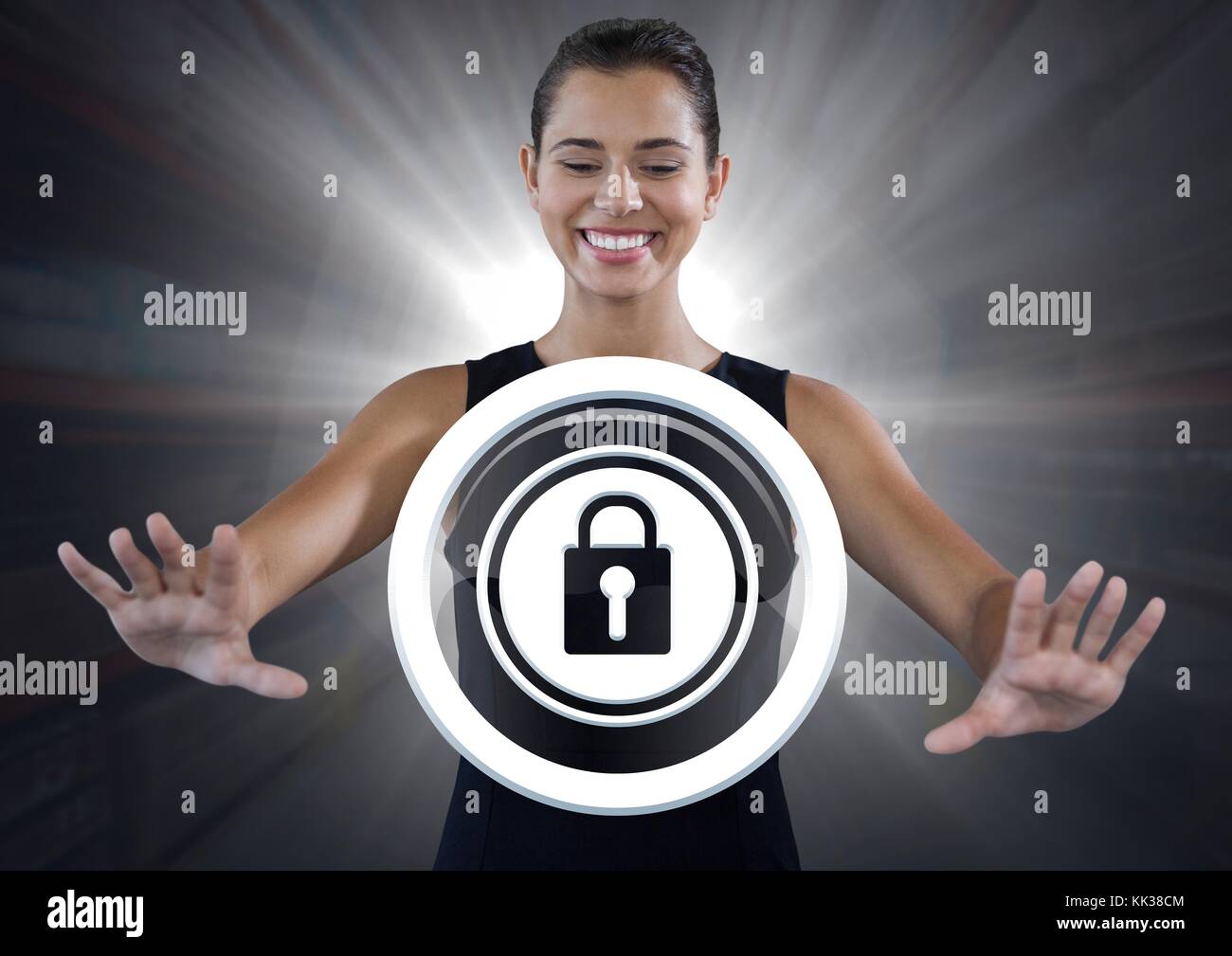 Digital composite of Businesswoman reaching security lock icon Stock ...