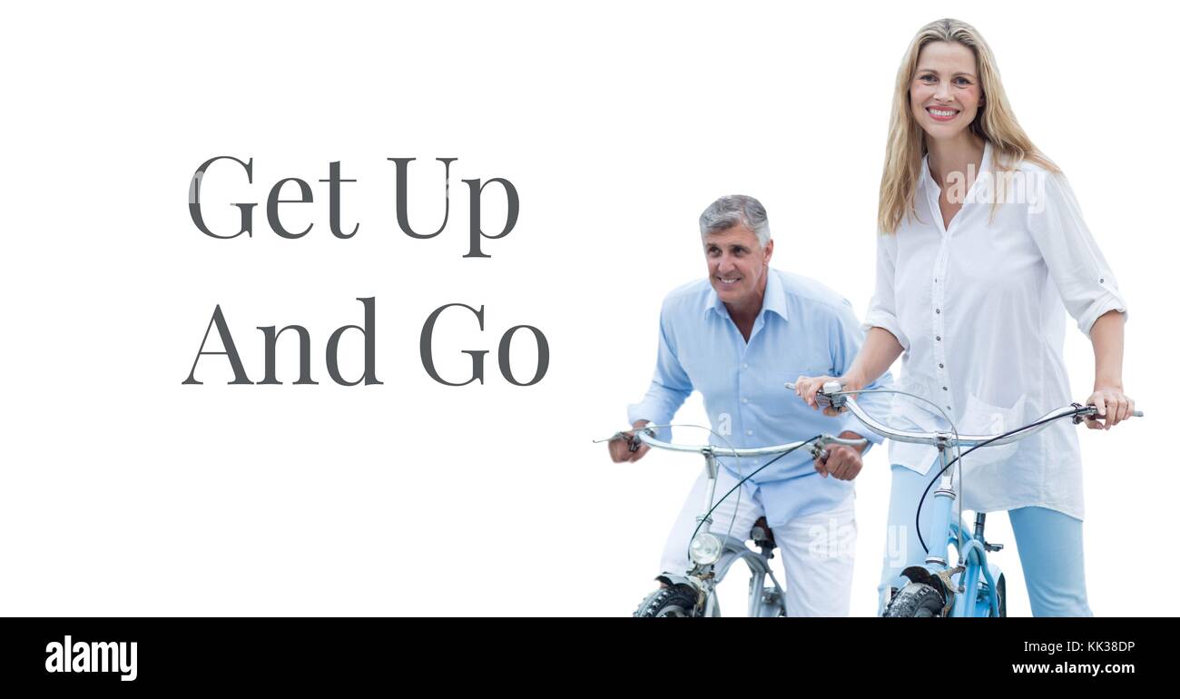 Digital composite of Get Up and Go text with couple on bicycles Stock ...