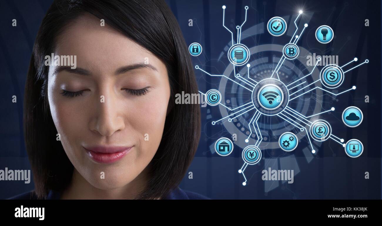 Digital composite of Businesswoman with eyes closed and business icons ...