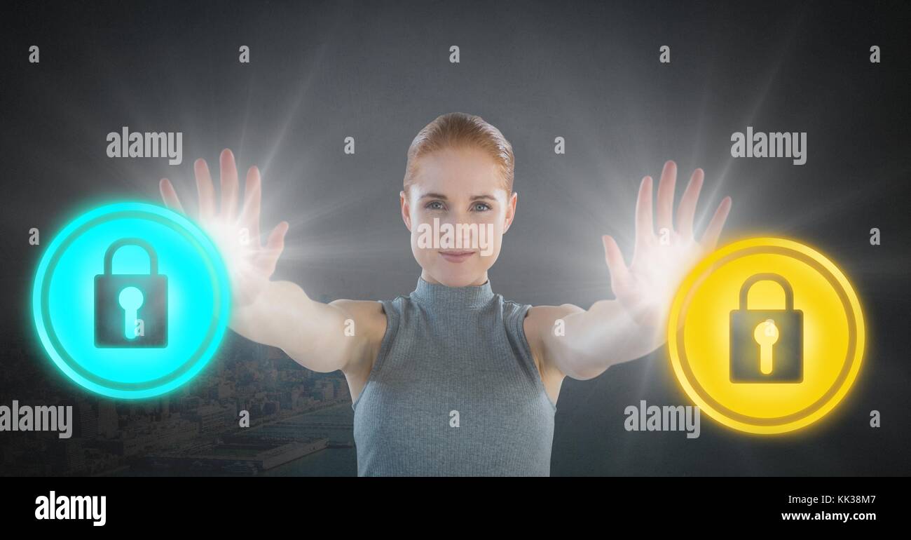 Digital composite of Futuristic Businesswoman touching security lock ...