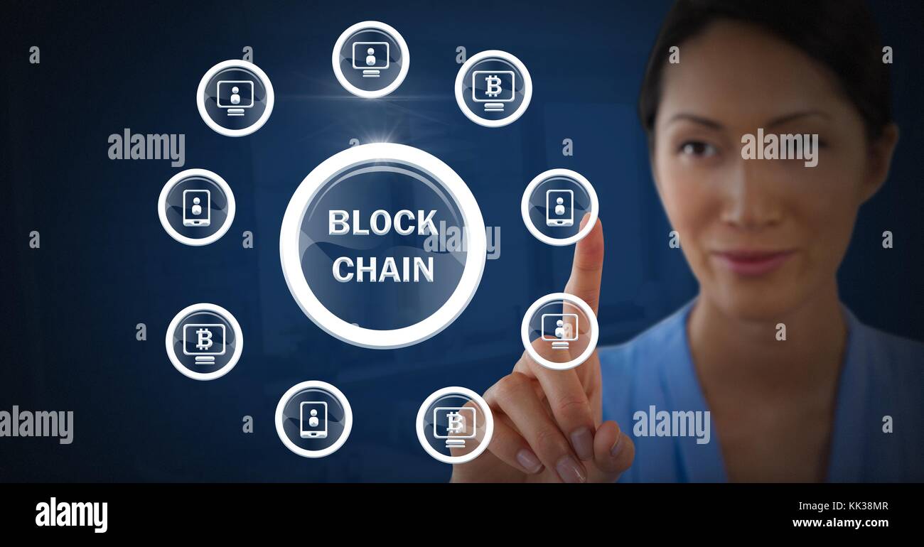 Digital composite of Businesswoman touching blockchain graphic icons ...