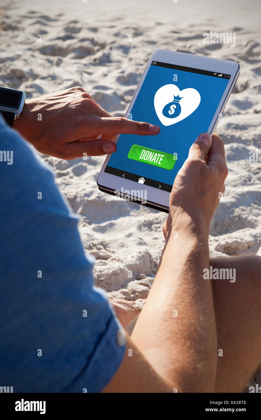 Vector icon of donation against man using digital tablet on the beach ...