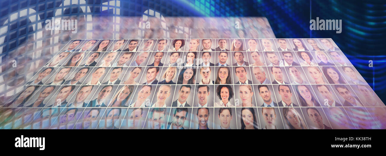 Binary code on digital screen against portrait collage very wide ...