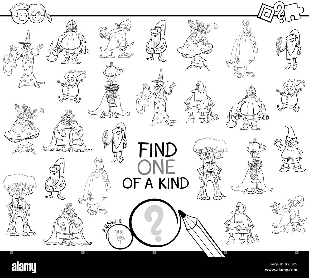 Black and White Cartoon Illustration of Find One of a Kind Educational ...