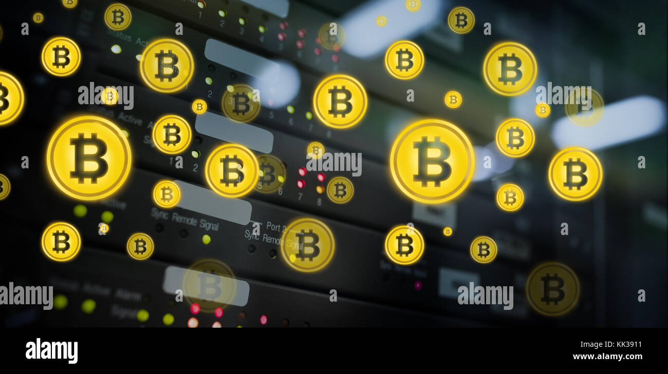 Symbol of bitcoin digital cryptocurrency against empty server room ...