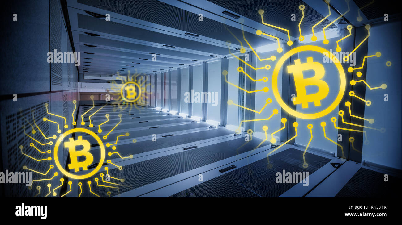 Symbol of bitcoin digital cryptocurrency against empty server room ...