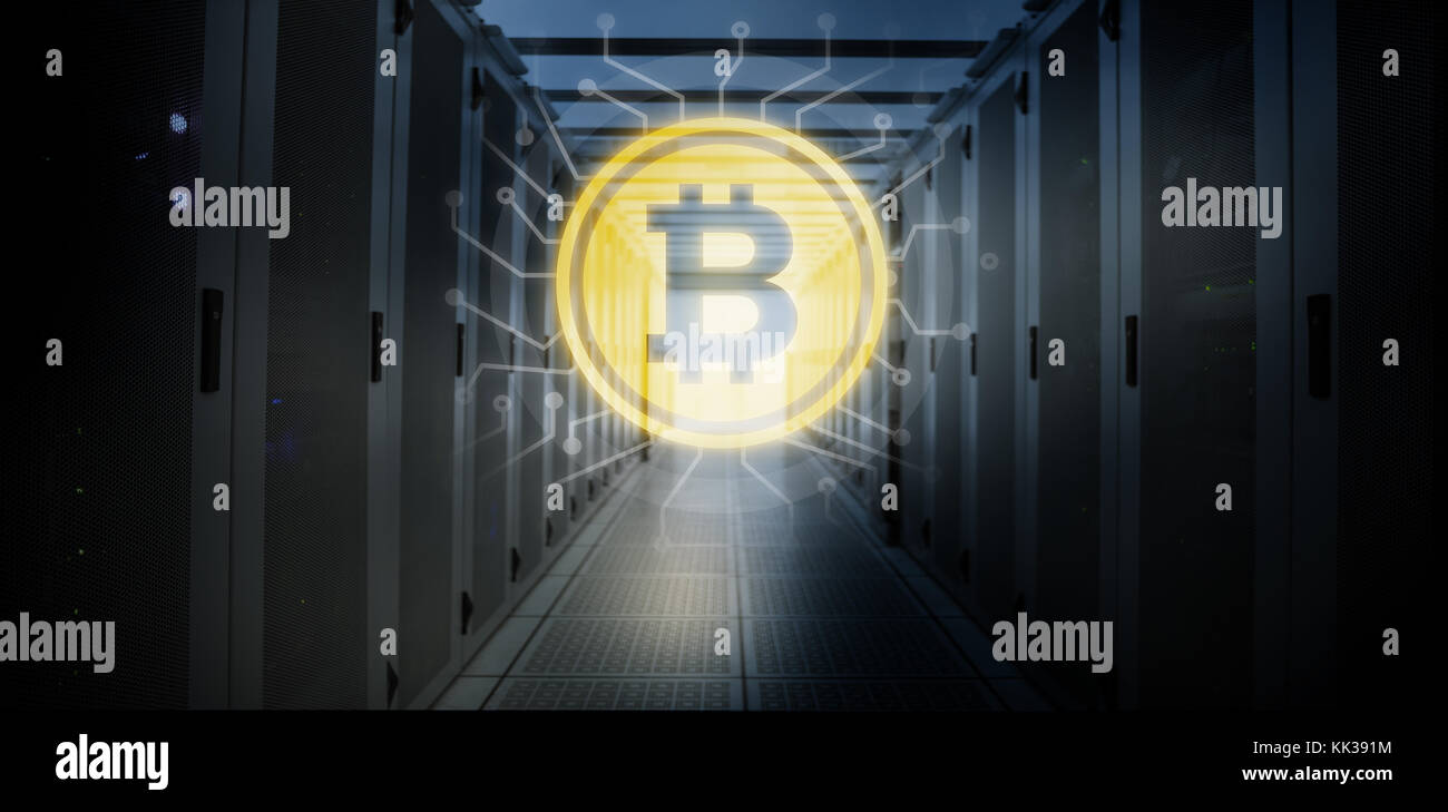 Symbol of bitcoin digital cryptocurrency against empty server room ...