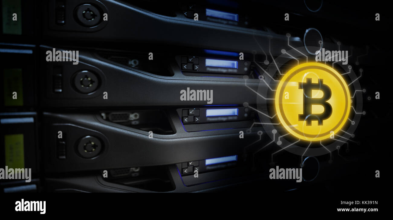 Symbol of bitcoin digital cryptocurrency against empty server room ...
