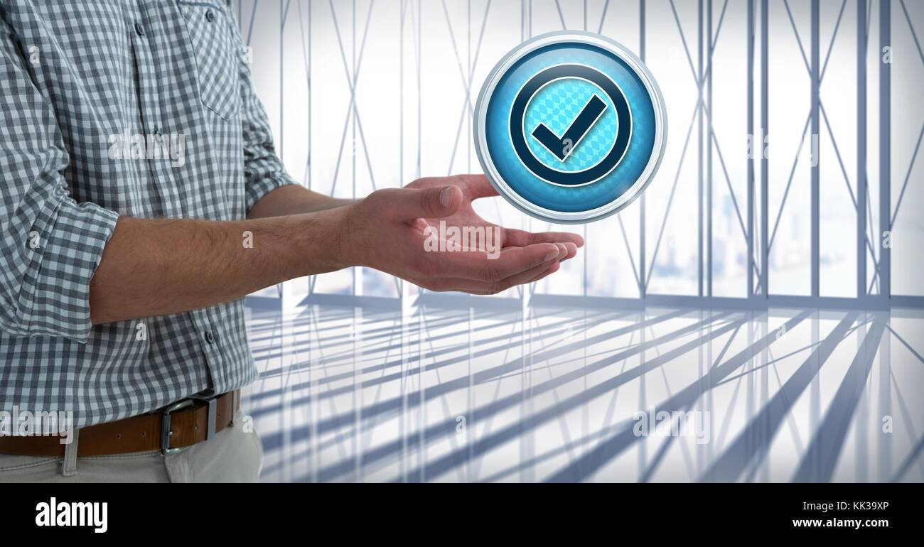 Digital composite of Correct tick mark icon and Businessman with hands ...