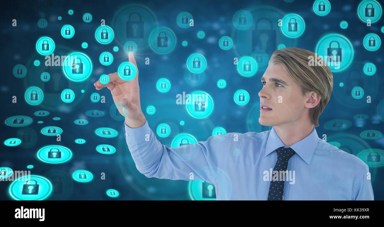 Digital composite of Businessman touching security lock icons Stock ...