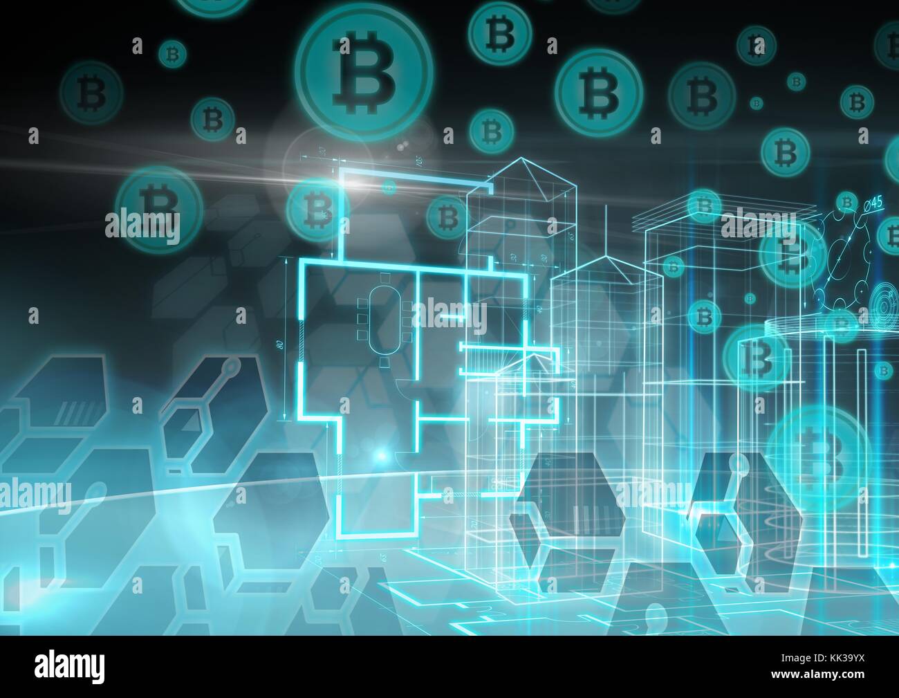 Digital composite of Building structures glowing with bitcoin graphic ...