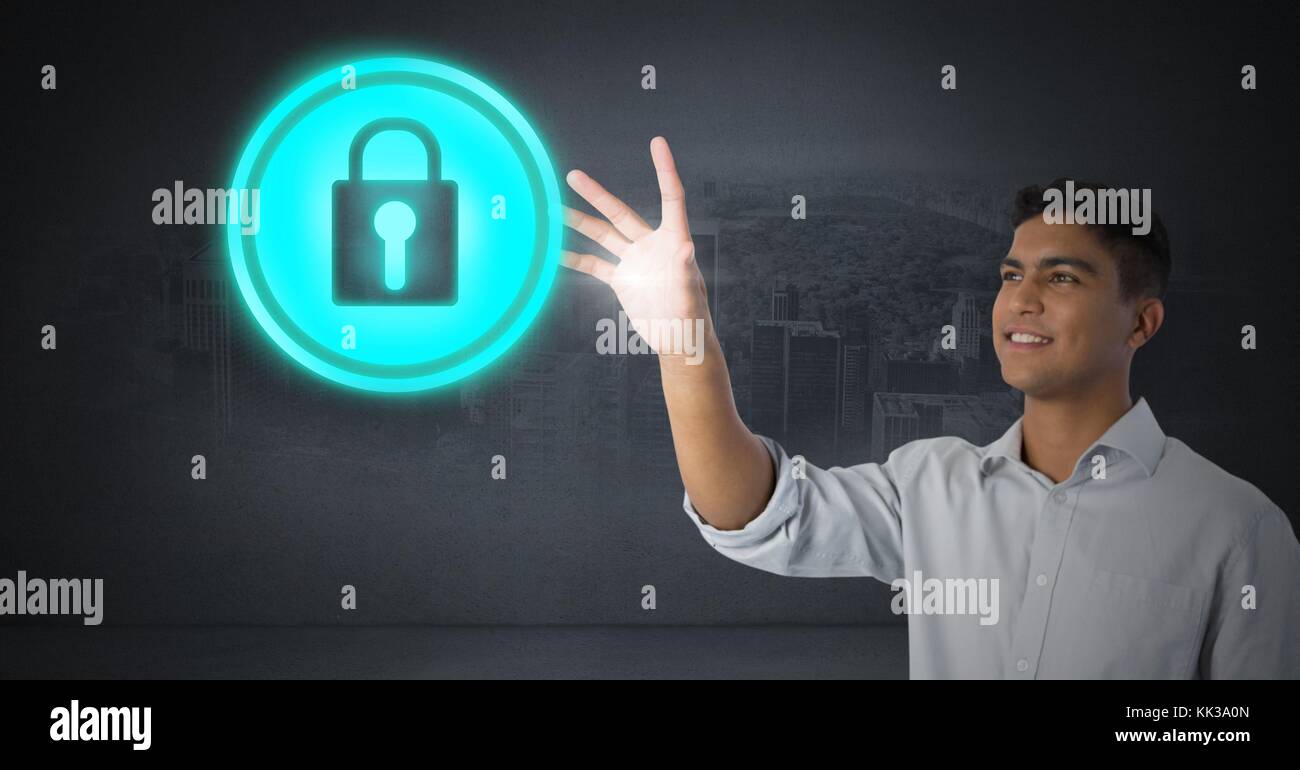 Digital composite of Businessman touching security lock icon Stock ...