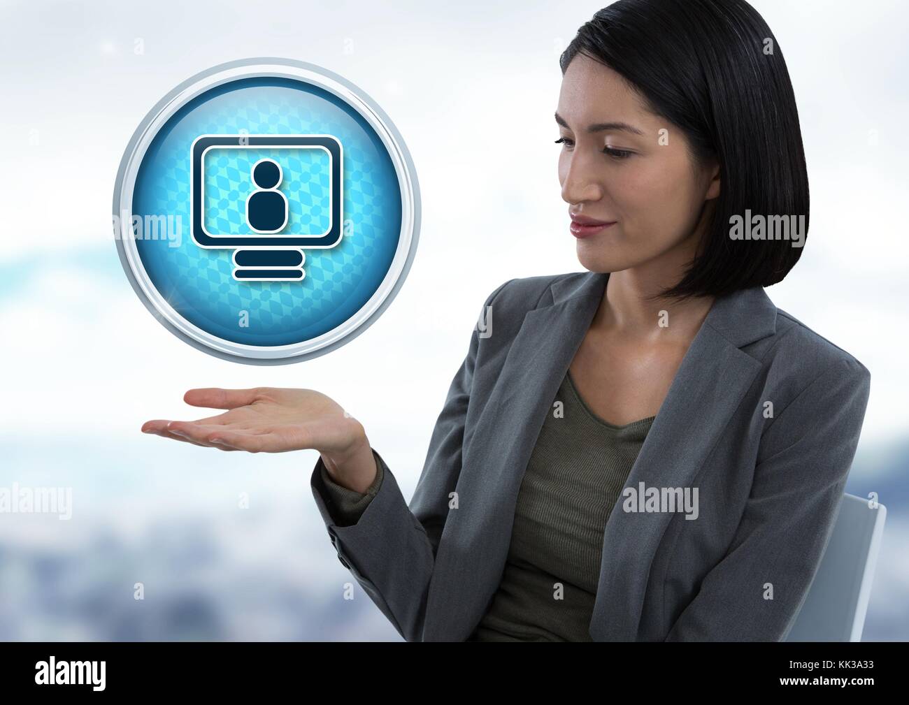 Digital composite of Computer profile icon and Businesswoman with hand ...