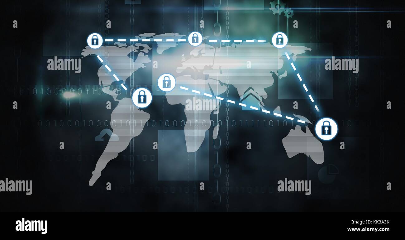 Digital composite of Security lock icons connecting on map Stock Photo ...