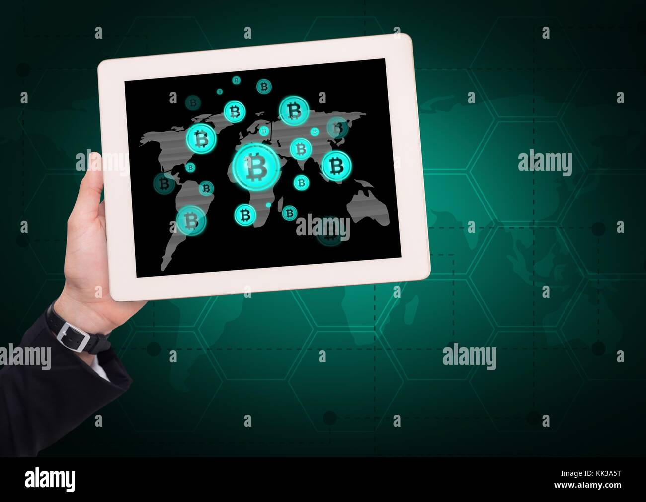 Digital composite of Bitcoin icons and world map on tablet Stock Photo ...