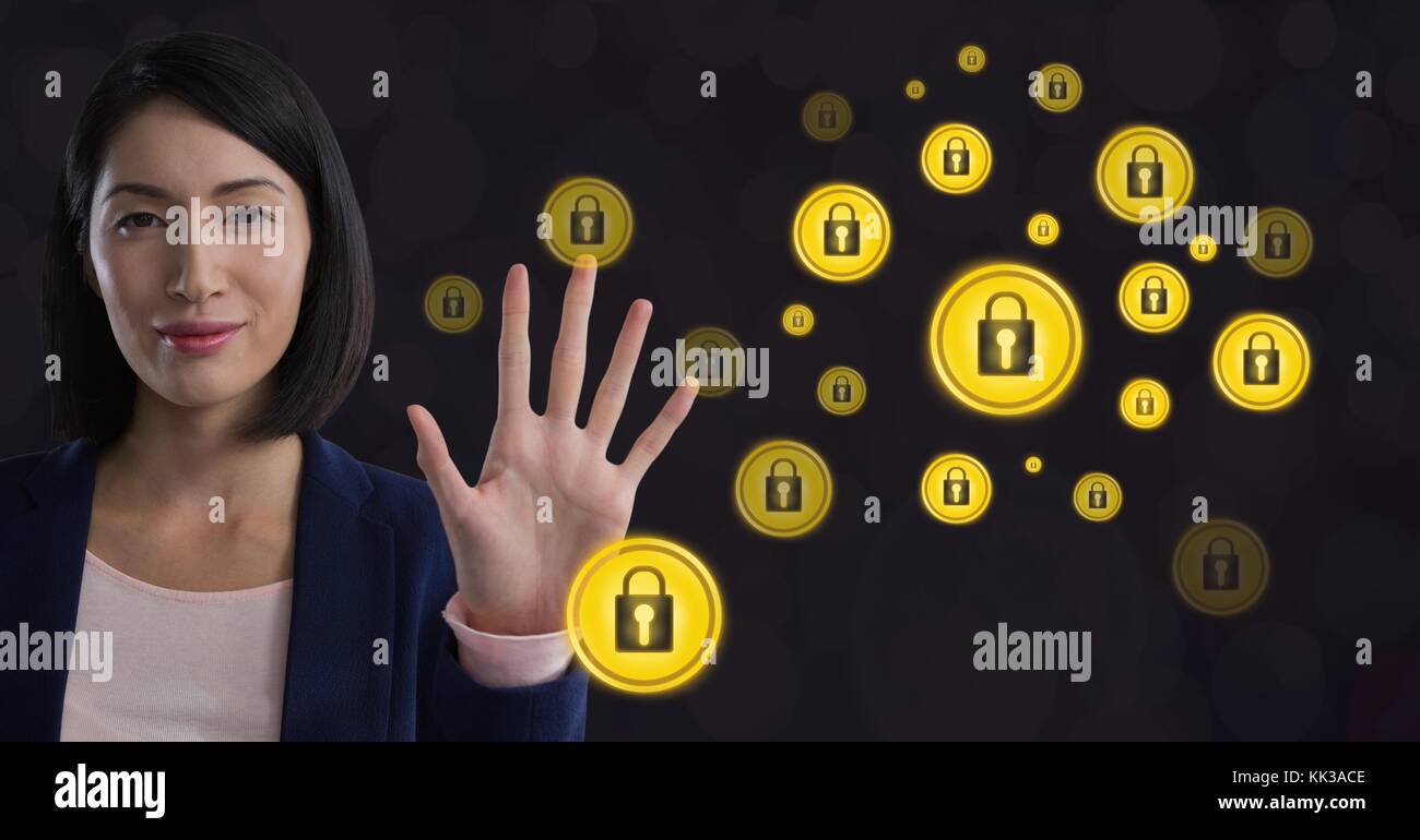 Digital composite of Businesswoman waving hand open security lock icons ...