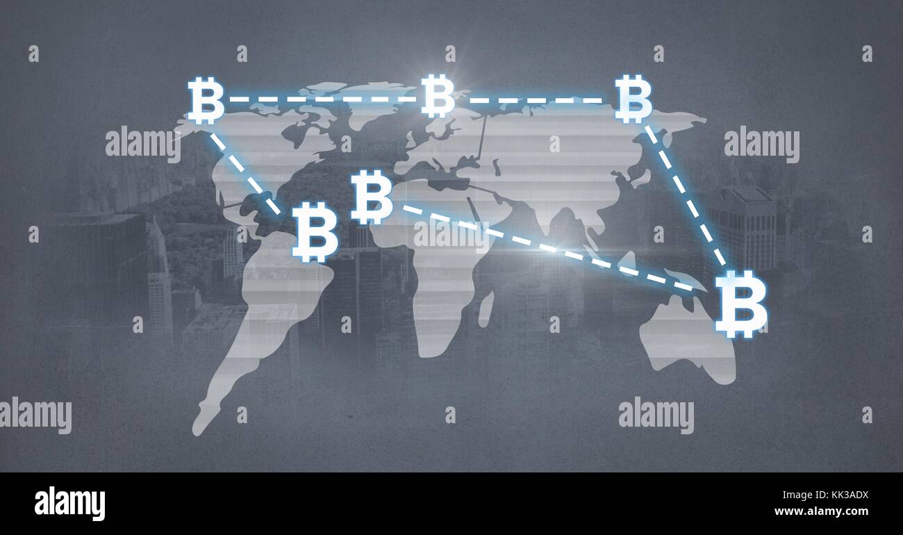 Digital composite of bitcoin icons network connecting on world map ...