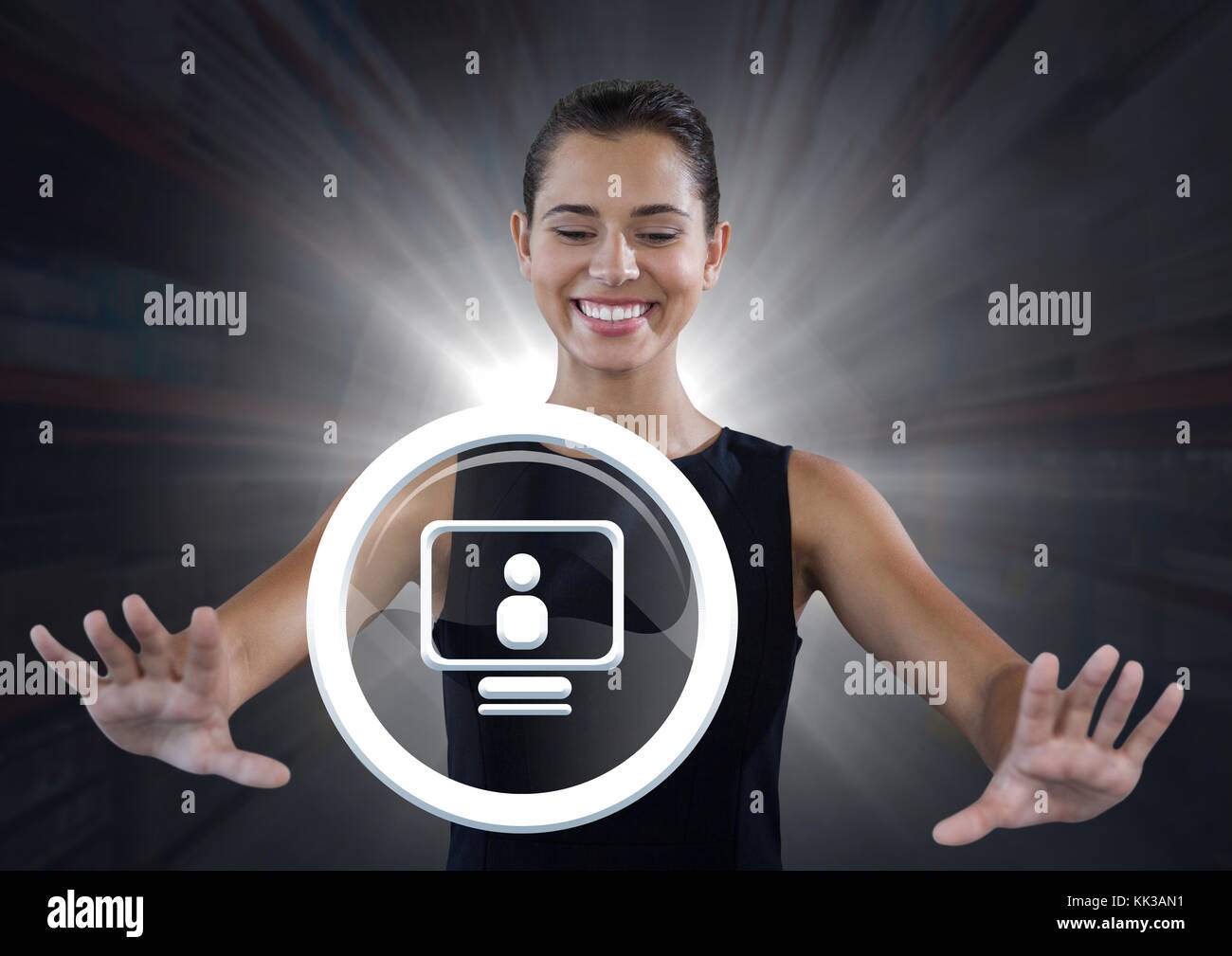 Digital composite of Businesswoman touching computer profile icon ...
