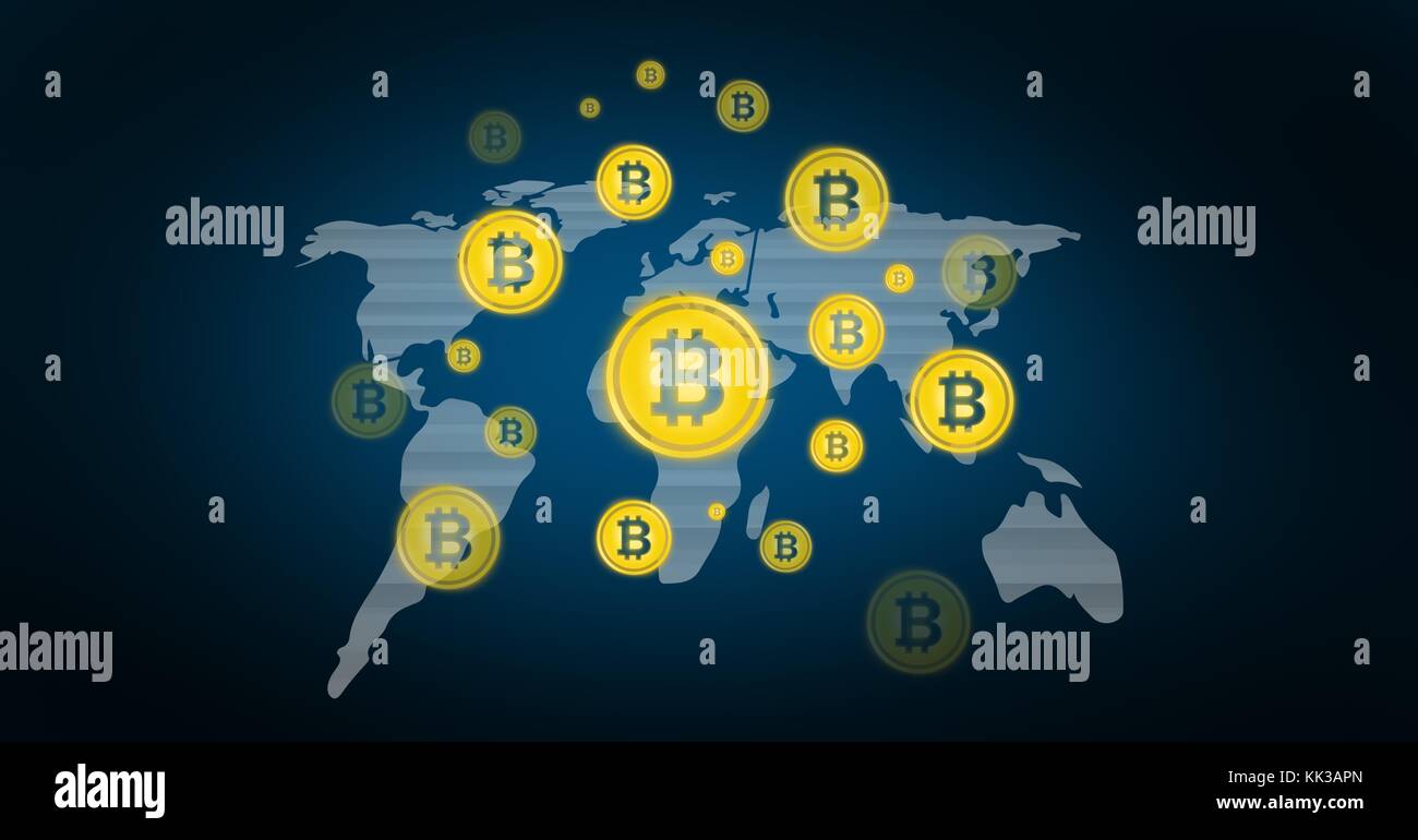 Digital composite of bitcoin graphic icons on world map Stock Photo - Alamy